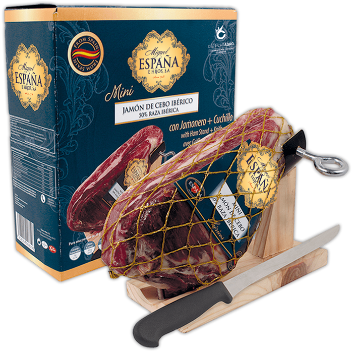 Mini Jamón de Cebo Ibérico 50% Raza Ibérica + Mini Jamonero + Cuchillo ...